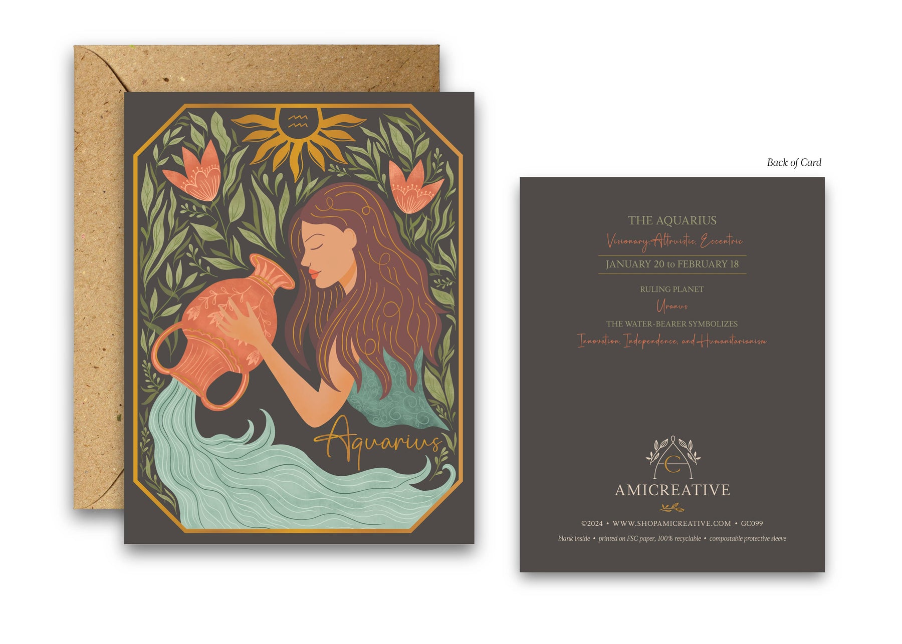 The Aquarius Zodiac Garden Gold Foil Greeting Card – Little Red Nursery ...